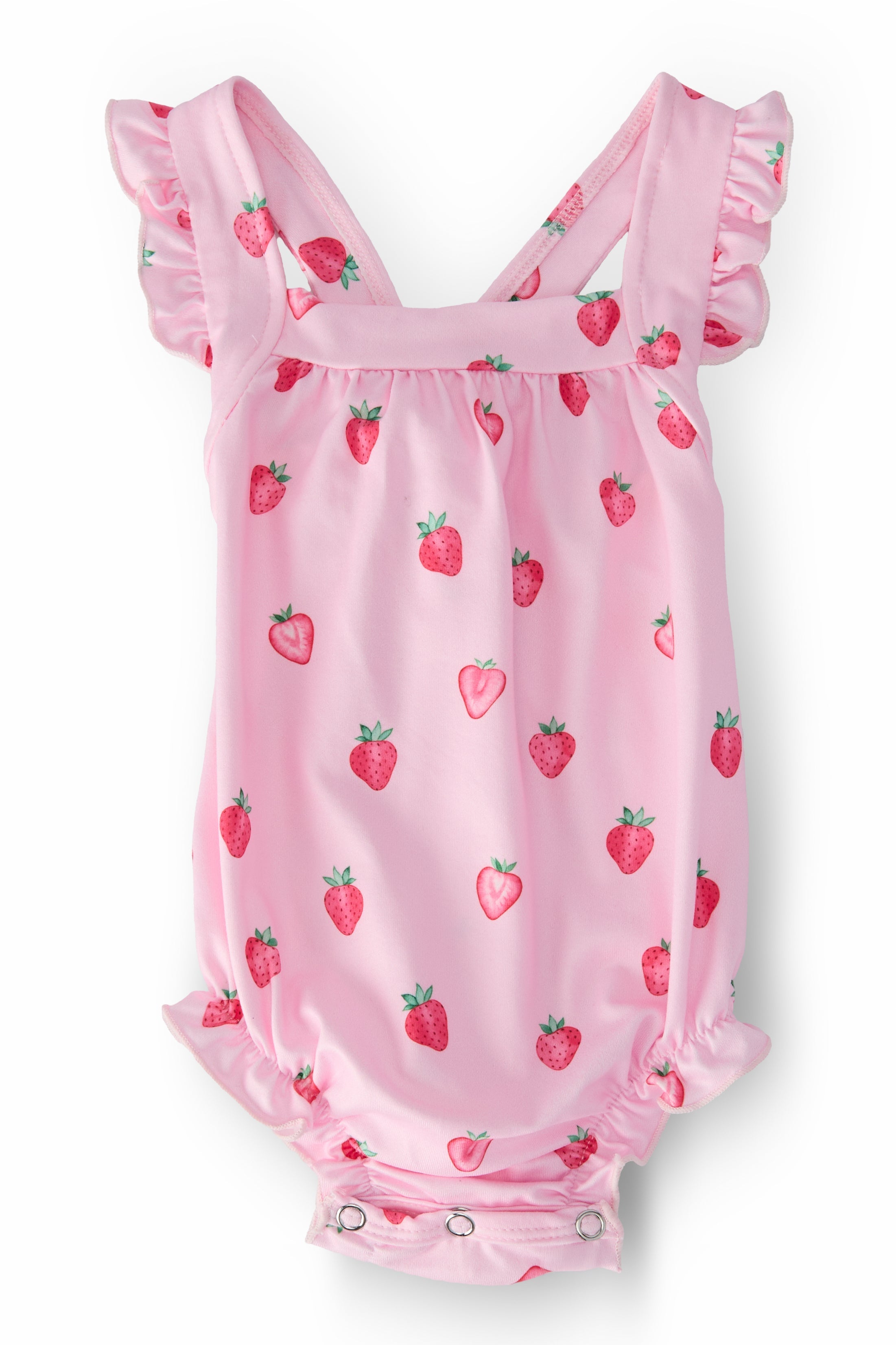 Sweet Strawberries Ruffle Cross Back Romper – Three Bees Company